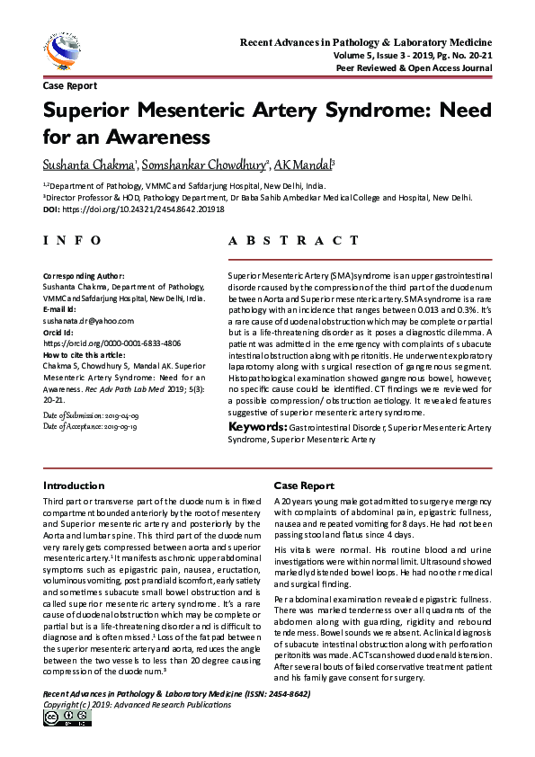 (PDF) Superior Mesenteric Artery Syndrome: Need for an Awareness