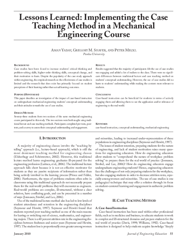 (PDF) Lessons Learned: Implementing the Case Teaching Method in a Mechanical Engineering Course