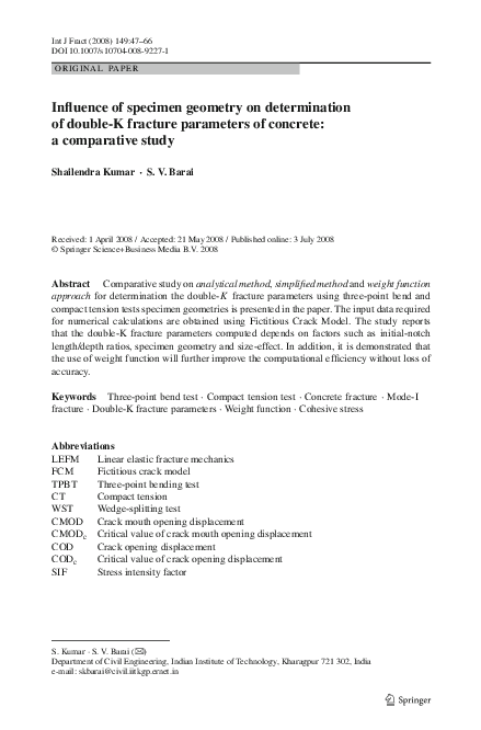 Pdf Influence Of Specimen Geometry On Determination Of Double K Fracture Parameters Of