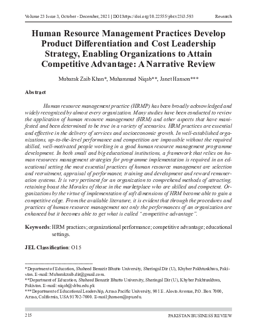 (PDF) Human Resource Management Practices Develop Product Differentiation and Cost Leadership ...