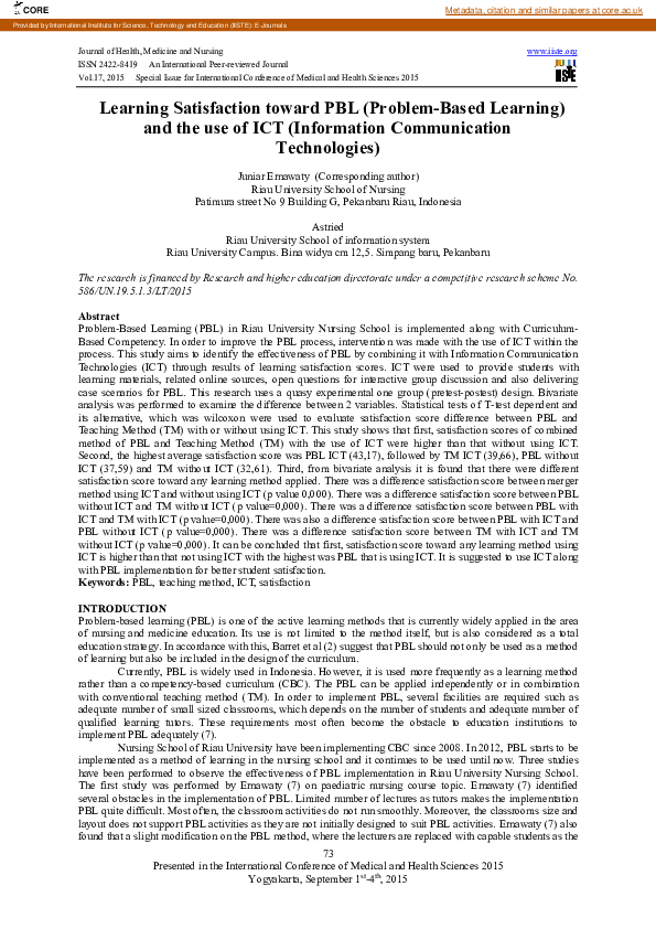 (PDF) Learning Satisfaction toward PBL (Problem-Based Learning) and the use of ICT (Information ...