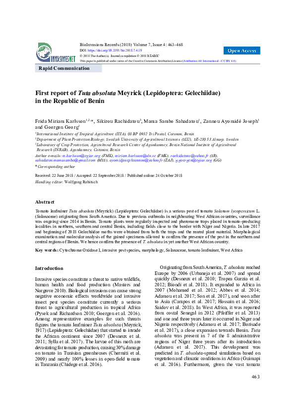(PDF) First report of Tuta absoluta Meyrick (Lepidoptera: Gelechiidae) in the Republic of Benin