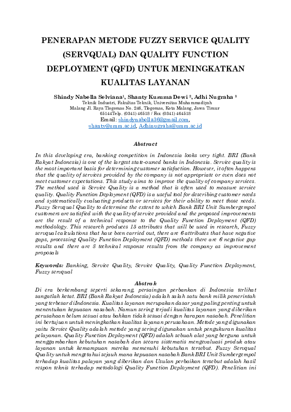 (PDF) PENERAPAN METODE FUZZY SERVICE QUALITY (SERVQUAL) DAN QUALITY FUNCTION DEPLOYMENT (QFD ...