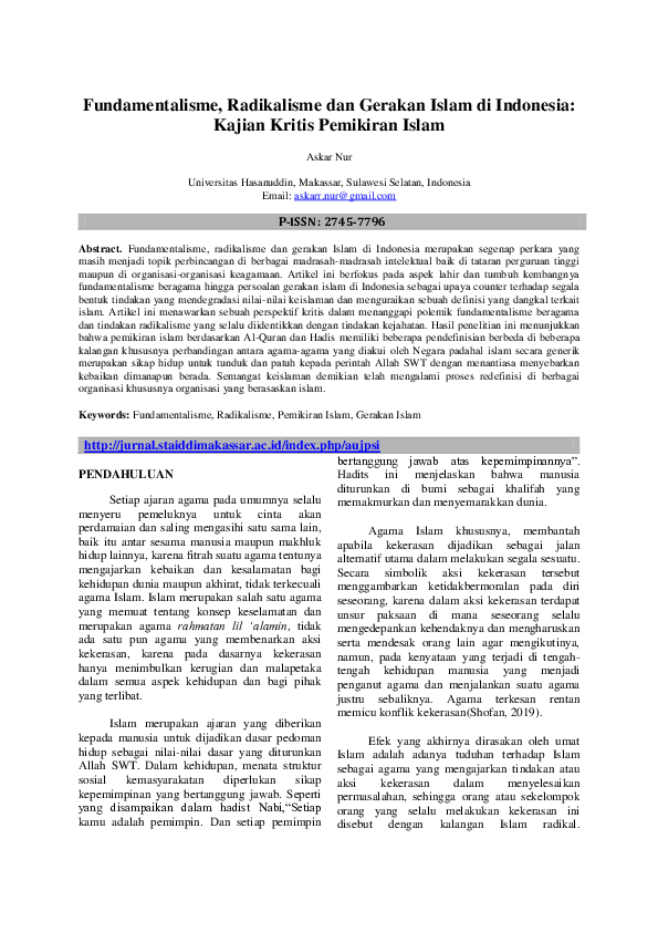 (PDF) Fundamentalisme, Radikalisme dan Gerakan Islam di Indonesia ...