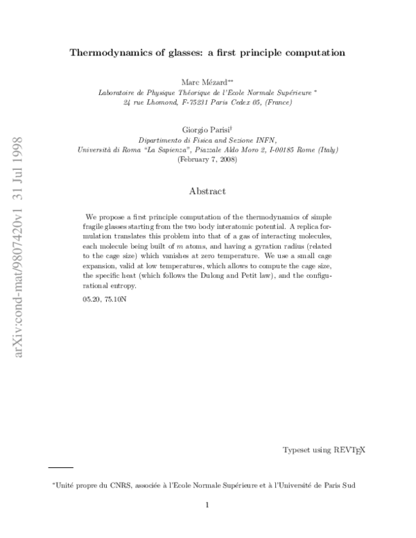 (PDF) Thermodynamics of glasses: a first principles computation