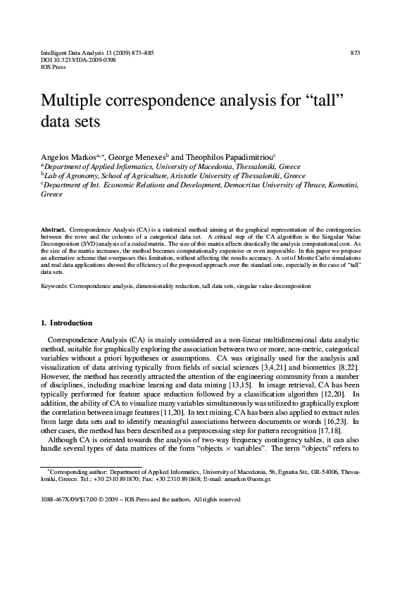 (PDF) Multiple correspondence analysis for "tall" data sets