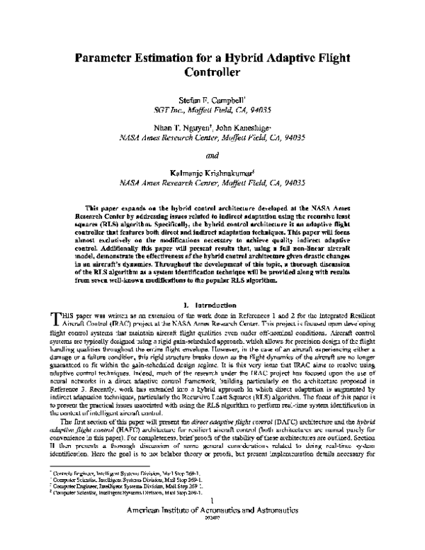 Pdf Parameter Estimation For A Hybrid Adaptive Flight Controller