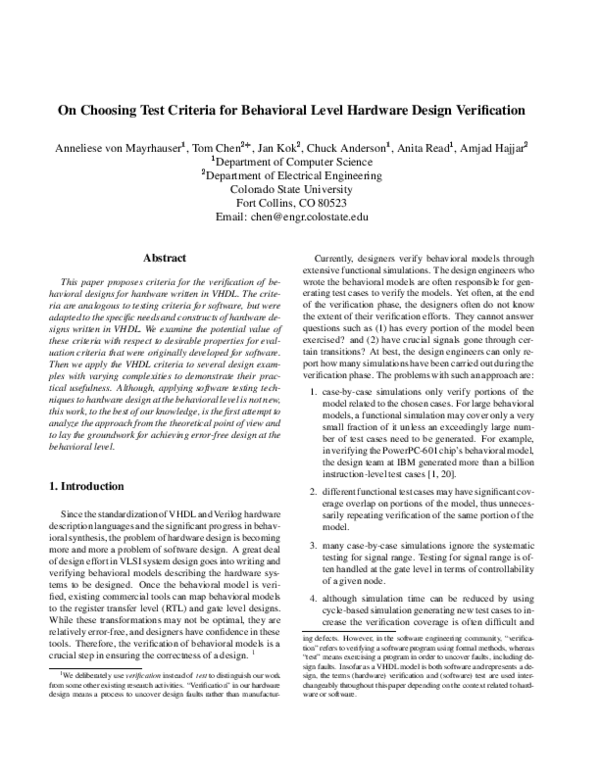 (PDF) On choosing test criteria for behavioral level hardware design ...