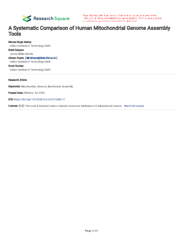 (PDF) A Systematic Comparison of Human Mitochondrial Genome Assembly Tools