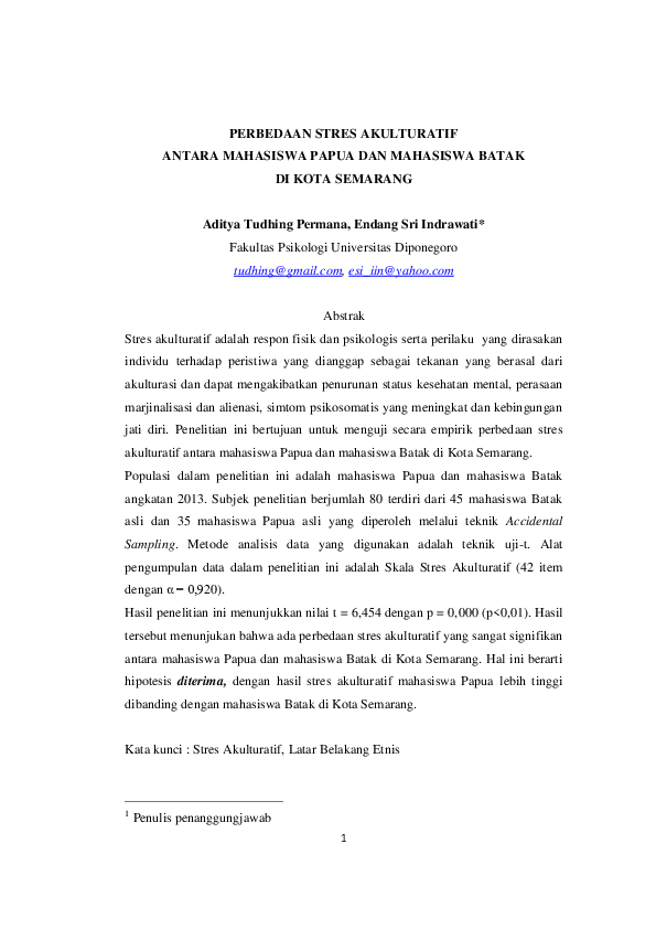 (PDF) Perbedaan Stres Akulturatif Antara Mahasiswa Papua Dan Mahasiswa Batak DI Kota Semarang