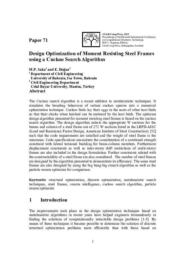 Pdf Design Optimization Of Moment Resisting Steel Frames Using A Cuckoo Search Algorithm