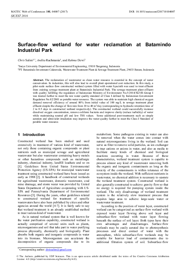 (PDF) Surface-flow wetland for water reclamation at Batamindo ...