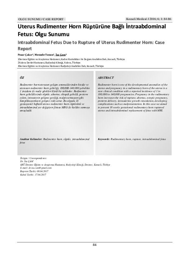 (PDF) Uterus rudimenter horn rüptürüne bağlı intraabdominal fetus: olgu ...