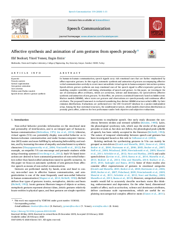 (PDF) Affective synthesis and animation of arm gestures from speech prosody