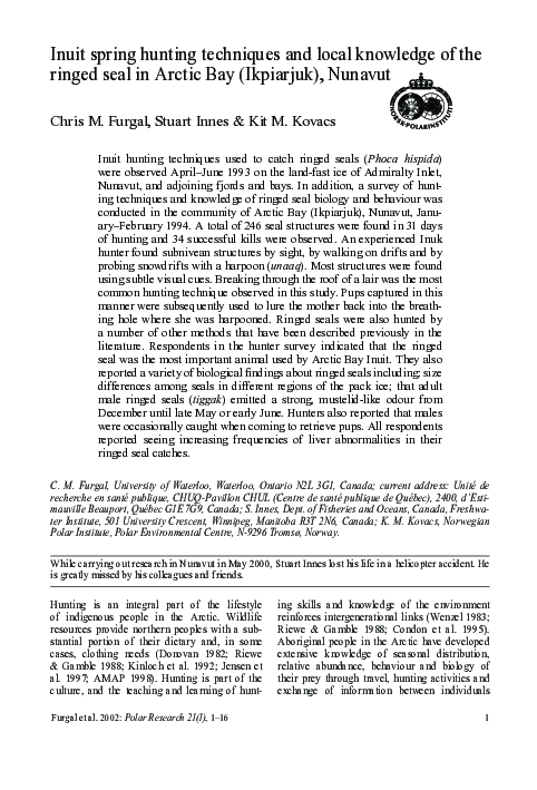 (PDF) Inuit spring hunting techniques and local knowledge of the ringed ...