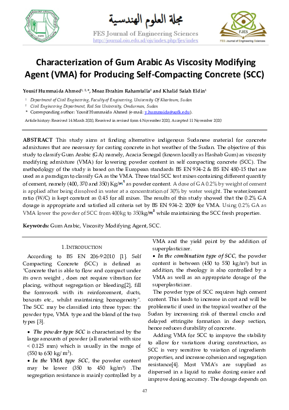 Pdf Characterization Of Gum Arabic As Viscosity Modifying Agent Vma For Producing Self