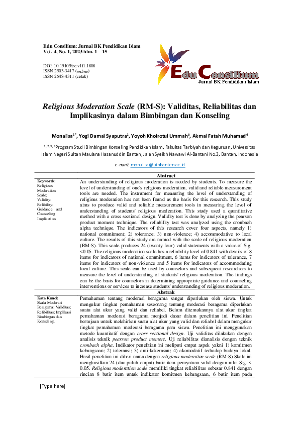 (PDF) Religious Moderation Scale (RM-S): Validitas, Reliabilitas dan ...