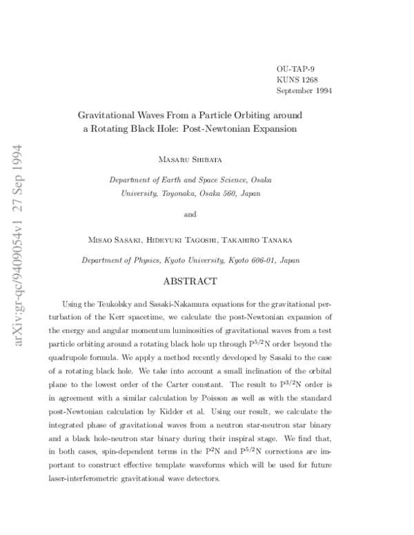 Pdf Gravitational Waves From A Particle Orbiting Around A Rotating Black Hole Post Newtonian