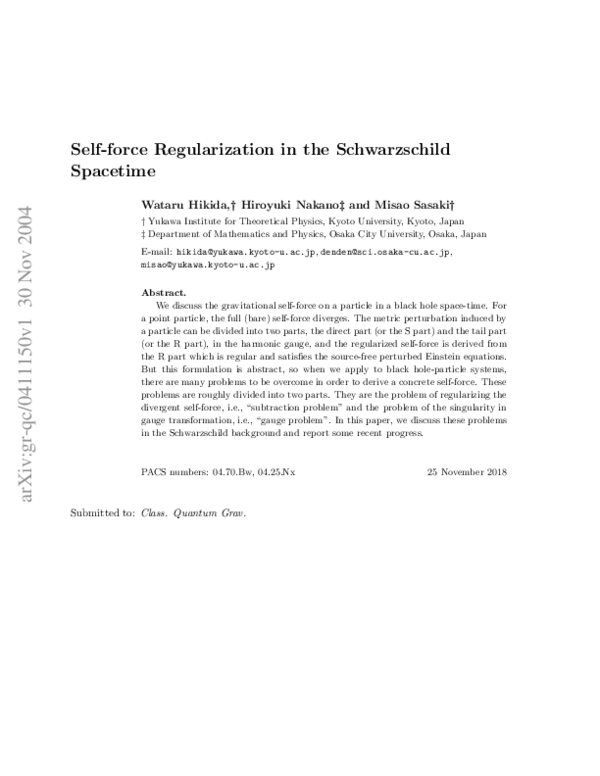 (PDF) Self-force regularization in the Schwarzschild spacetime | Misao Sasaki - Academia.edu