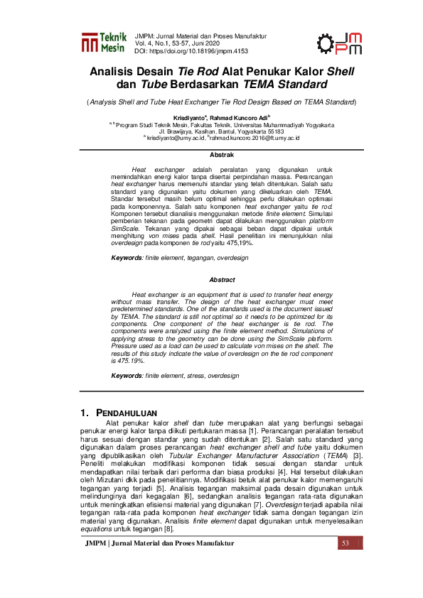 (PDF) Analisis Desain Tie Rod Alat Penukar Kalor Shell dan Tube Berdasarkan TEMA Standard