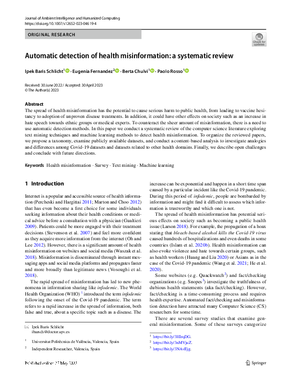 Pdf Automatic Detection Of Health Misinformation A Systematic Review Berta Chulvi