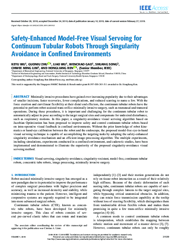 (PDF) Safety-Enhanced Model-Free Visual Servoing for Continuum Tubular ...