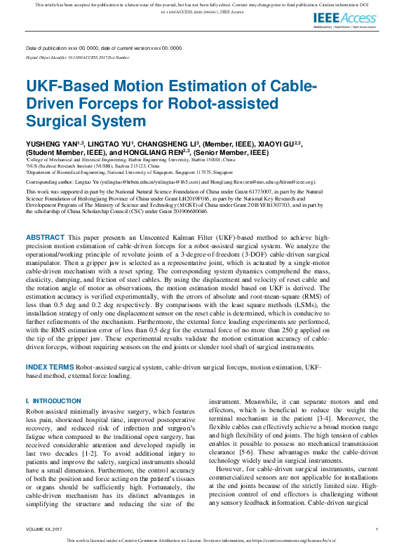 (PDF) UKF-Based Motion Estimation of Cable- Driven Forceps for Robot-assisted Surgical System