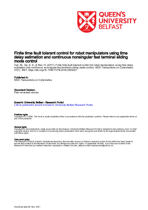 Pdf Finite Time Fault Tolerant Control For Robot Manipulators Using Time Delay Estimation And