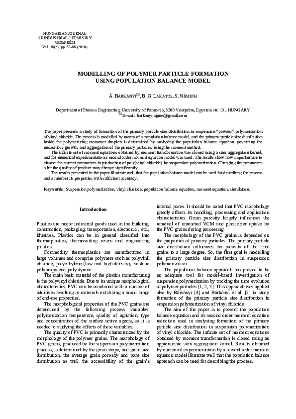(PDF) Modelling of Polymer Particle Formation Using Population Balance Model