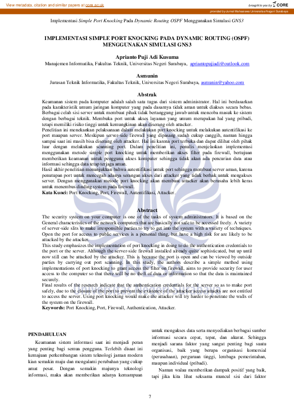 Pdf Implementasi Simple Port Knocking Pada Dynamic Routing Ospf Menggunakan Simulasi Gns3
