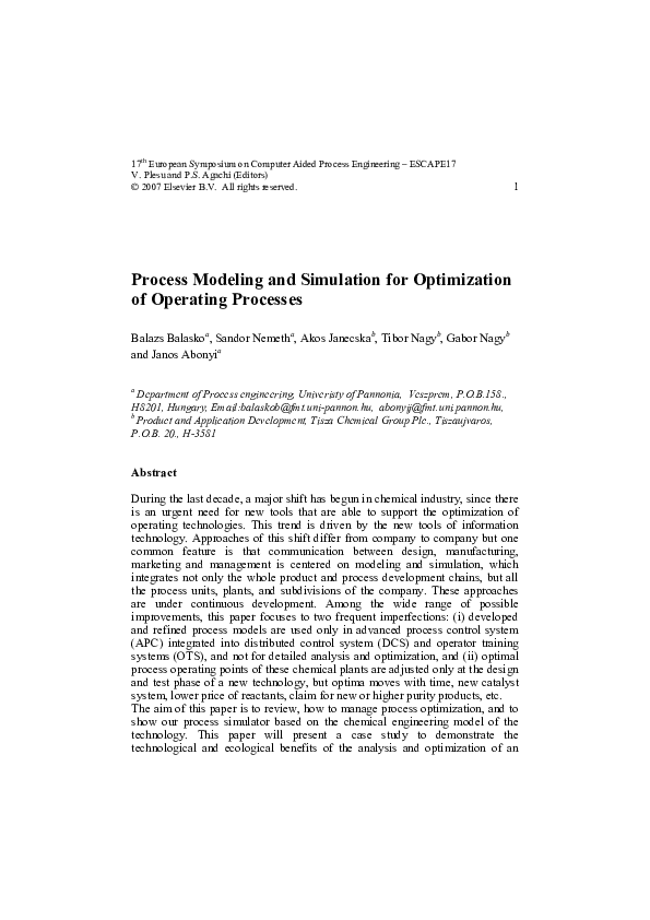(PDF) Process modeling and simulation for optimization of operating processes
