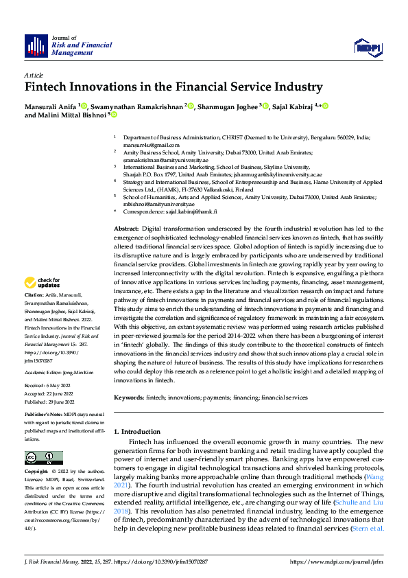 (PDF) Fintech Innovations in the Financial Service Industry