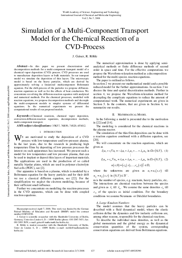 (PDF) Simulation Of A Multi-Component Transport Model For The Chemical ...