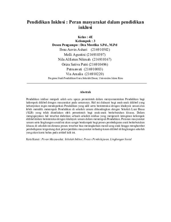 (PDF) Pendidikan Inklusi : Peran masyarakat dalam pendidikan inklusi