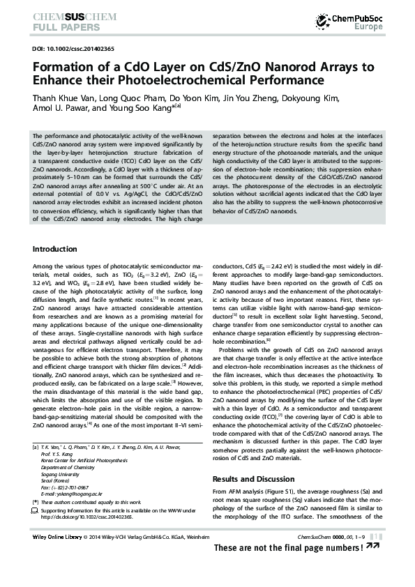 (PDF) Formation of a CdO layer on CdS/ZnO nanorod arrays to enhance their photoelectrochemical ...