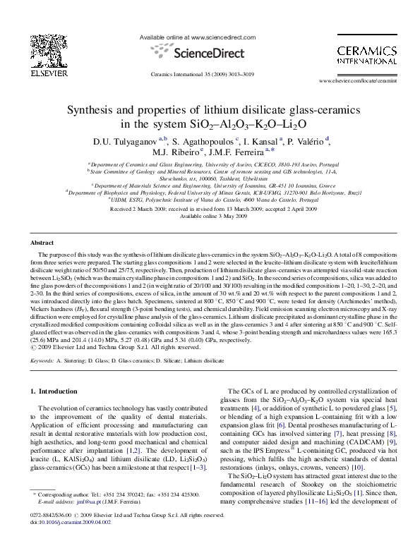 (PDF) Synthesis and properties of lithium disilicate glass-ceramics in the system SiO2–Al2O3–K2O ...