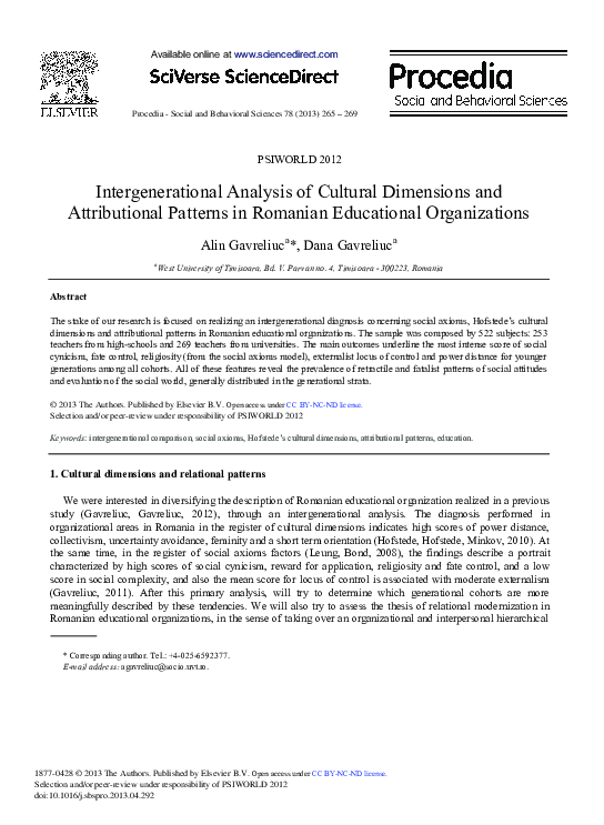 (PDF) Intergenerational Analysis of Cultural Dimensions and Attributional Patterns in Romanian ...