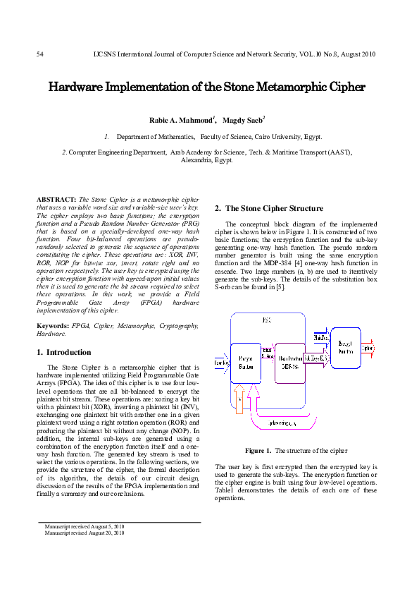 (PDF) Hardware Implementation of the Stone Metamorphic Cipher