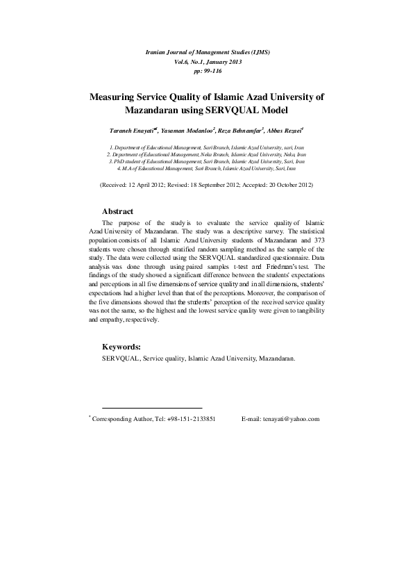 (PDF) Measuring Service Quality of Islamic Azad University of Mazandaran using SERVQUAL Model