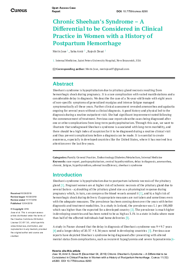 (PDF) Chronic Sheehan’s Syndrome – A Differential to be Considered in ...