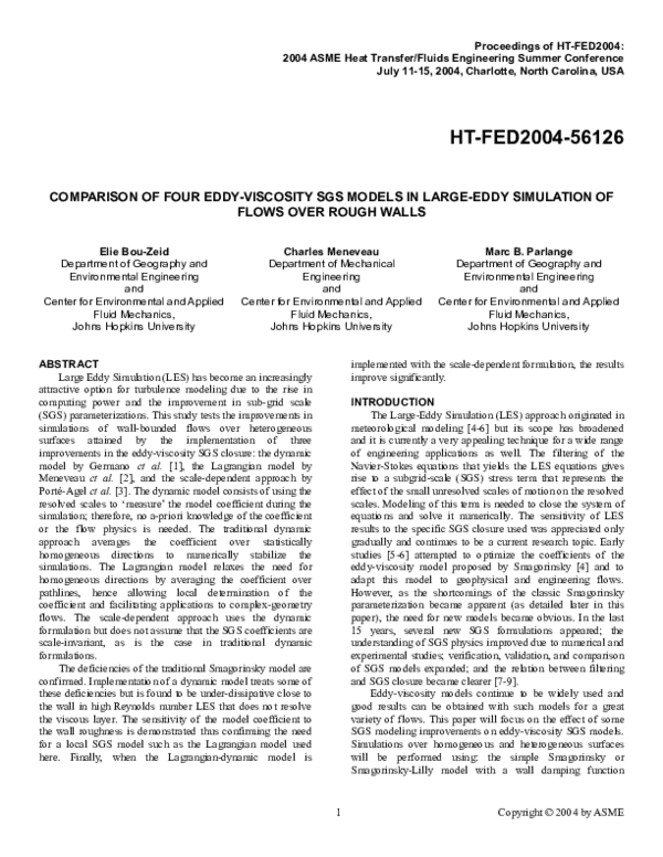 (PDF) Comparison of Four Eddy-Viscosity SGS Models in Large-Eddy ...