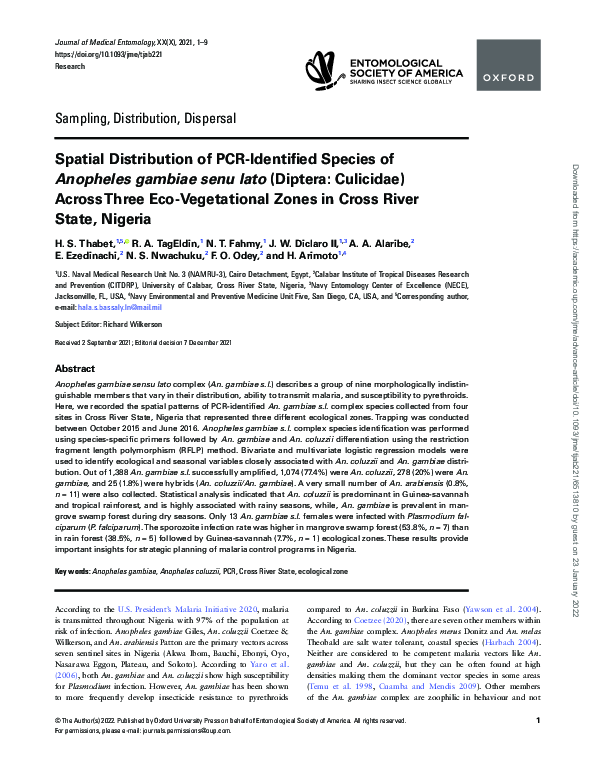 (PDF) Spatial Distribution of PCR-Identified Species of Anopheles gambiae senu lato (Diptera ...