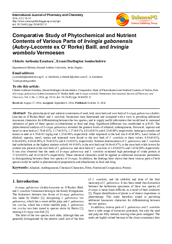 (PDF) Comparative Study of Phytochemical and Nutrient Contents of Various Parts of Irvingia ...