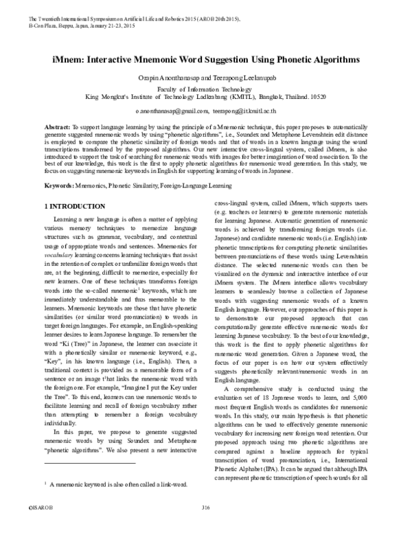(PDF) iMnem: Interactive Mnemonic Word Suggestion Using Phonetic Algorithms