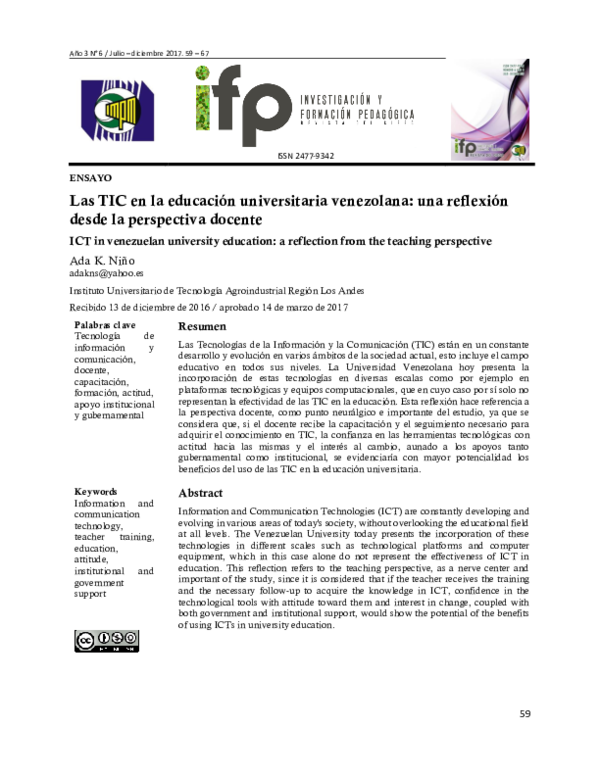 (PDF) Las TIC en la Educación Universitaria Venezolana: Una Reflexión desde la Perspectiva Docente