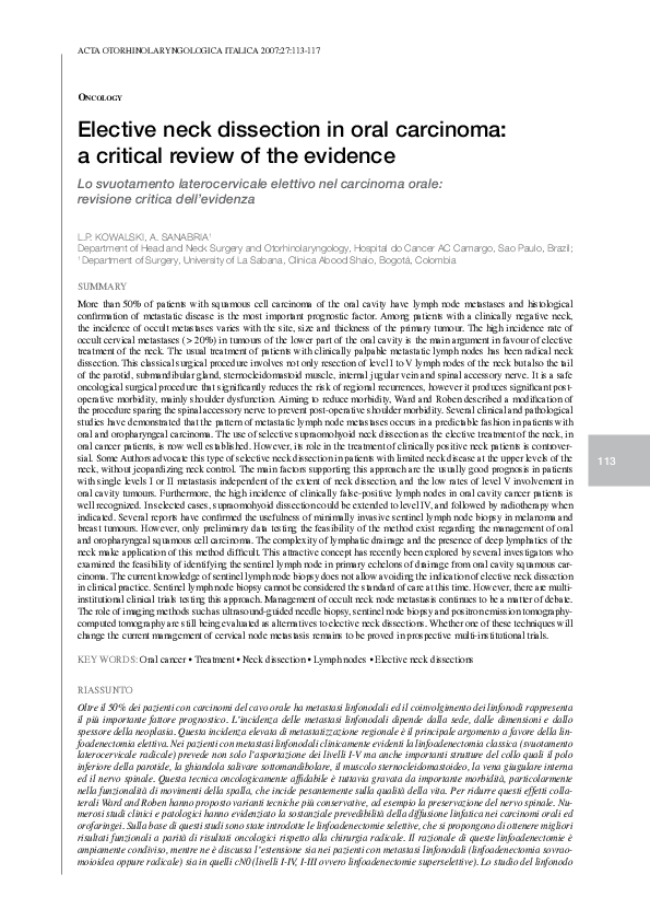 (PDF) Elective neck dissection in oral carcinoma: a critical review of ...