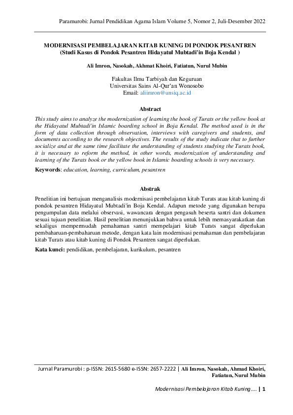 (PDF) Modernisasi Pembelajaran Kitab Kuning DI Pondok Pesantren