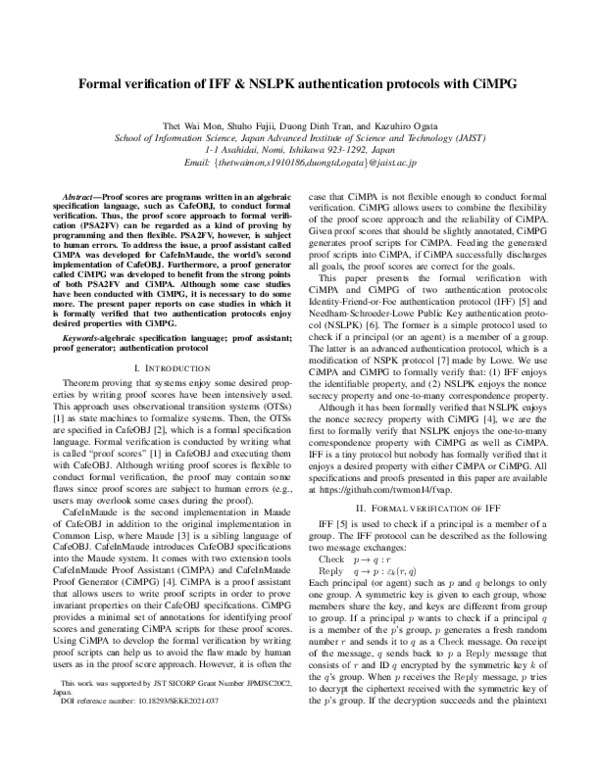 (PDF) Formal verification of IFF and NSLPK authentication protocols with CiMPG (S)