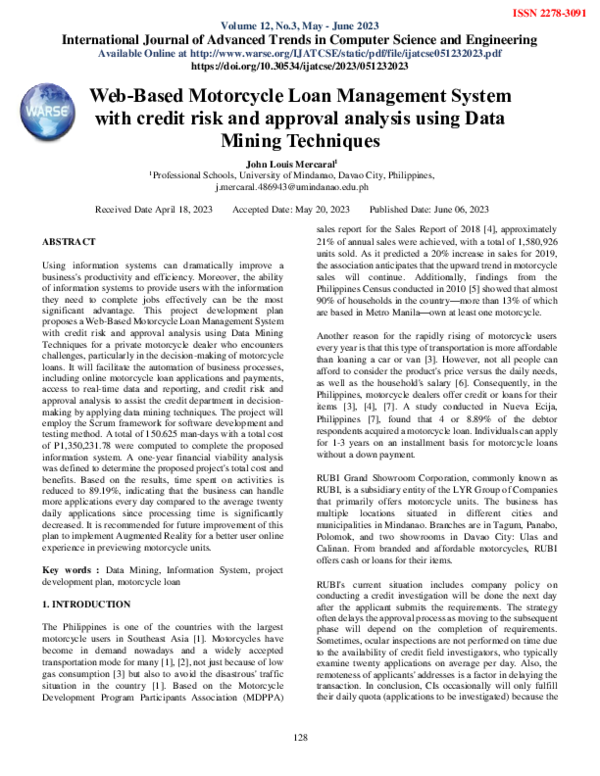 (PDF) Web-Based Motorcycle Loan Management System with credit risk and approval analysis using ...