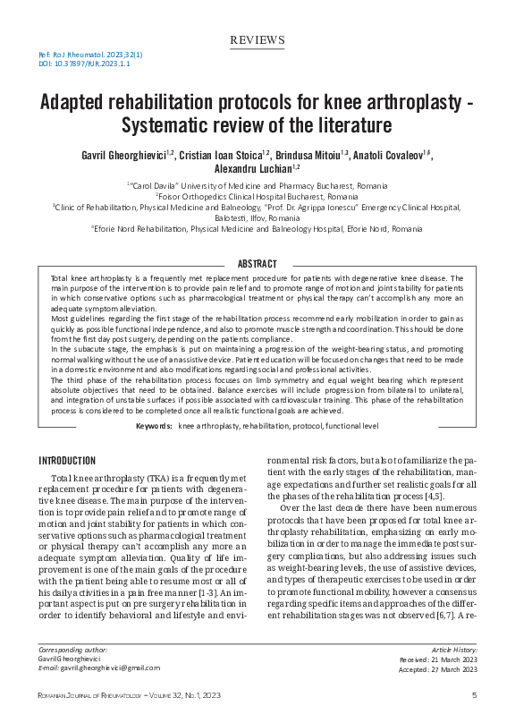 (PDF) Adapted rehabilitation protocols for knee arthroplasty ...